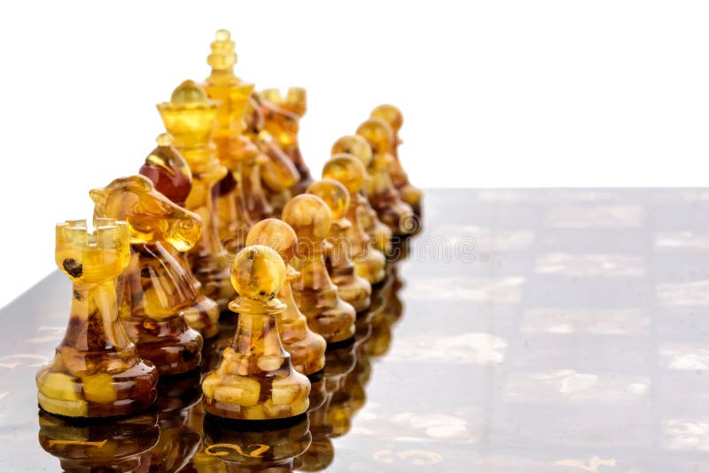 Natural Amber Different Chess Pieces Figures Standing on Lacquer ...