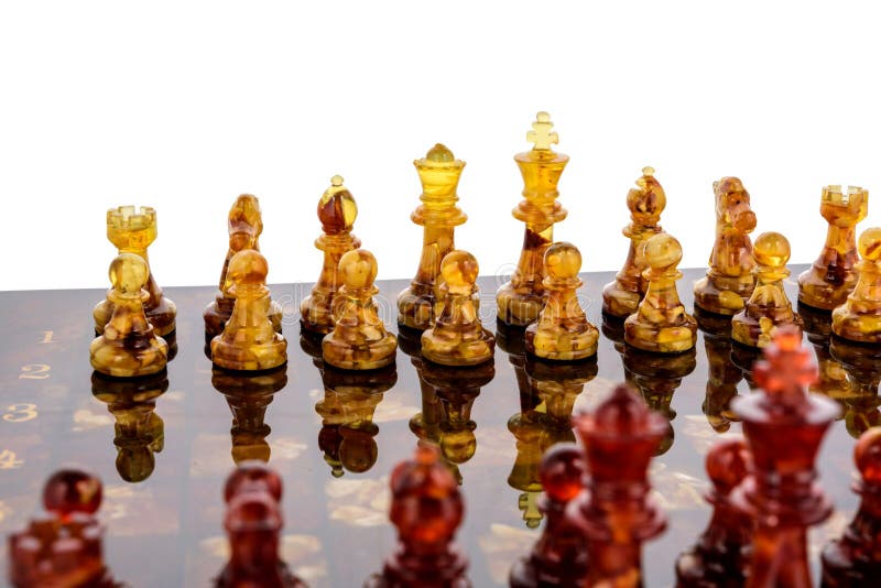 Natural Amber Different Chess Pieces Figures Standing on Lacquer ...