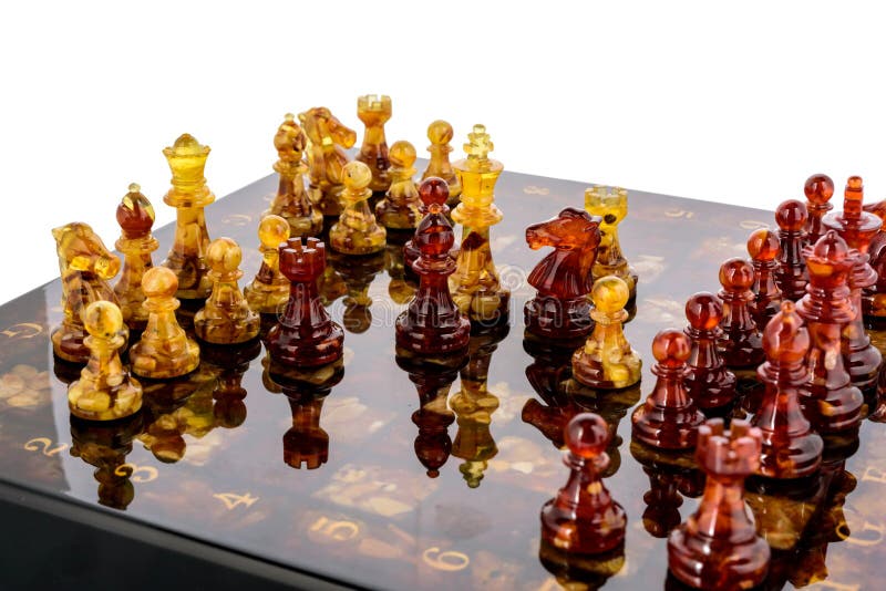 Natural Amber Different Chess Pieces Figures Standing on Lacquer ...