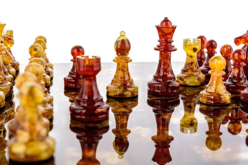 Natural Amber Different Chess Pieces Figures Standing on Lacquer ...