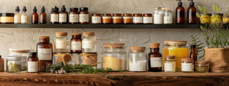 Natural Apothecary Jars and Herbs in a Rustic Display Stock Image ...