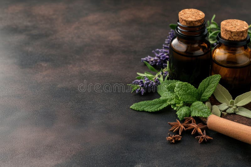 Natural Aromatherapy Display, Essential Oils and Herbs on Rustic Table ...