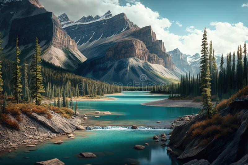 Natural Background with Mountain and River. Illustration Generative AI ...