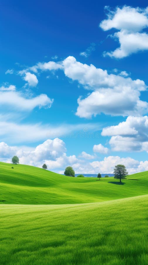 Natural Background Scene of Green Hills, Blue Sky, Fluffy Clouds, Copy ...