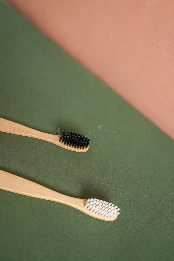 Natural Bamboo Toothbrush on Green Beige Background. Stock Image ...