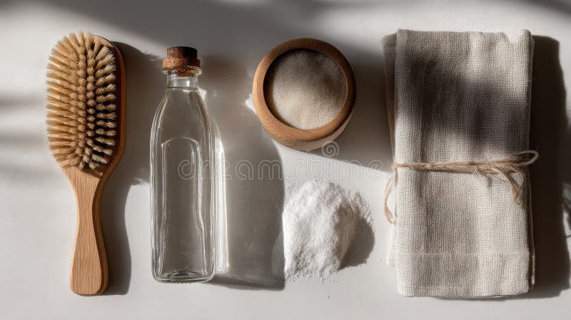 Natural Bath Essentials with Brush, Bottle, Salt, and Towel. Eco ...