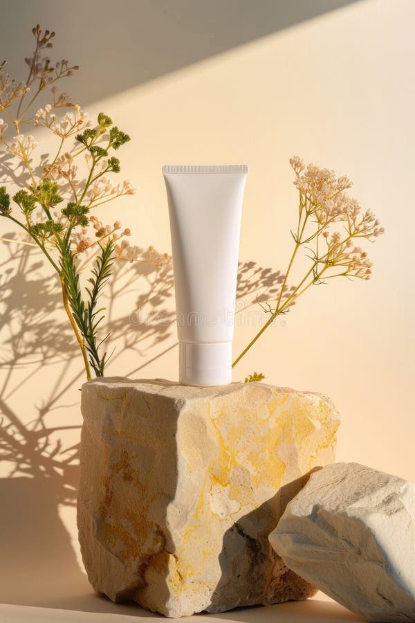Natural Beauty Cream on Stone with Soft Shadow and Floral Elements ...