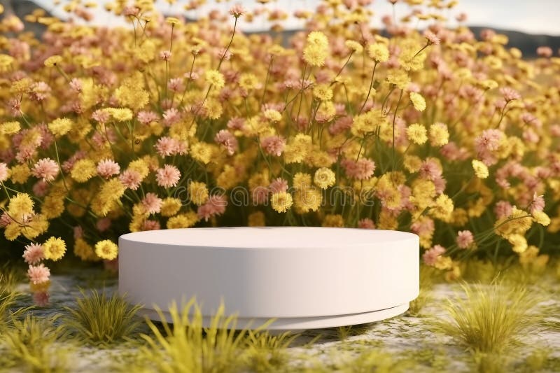 Natural Beauty Podium Backdrop with Spring Flower Field. 3d Rendering Stock Illustration ...