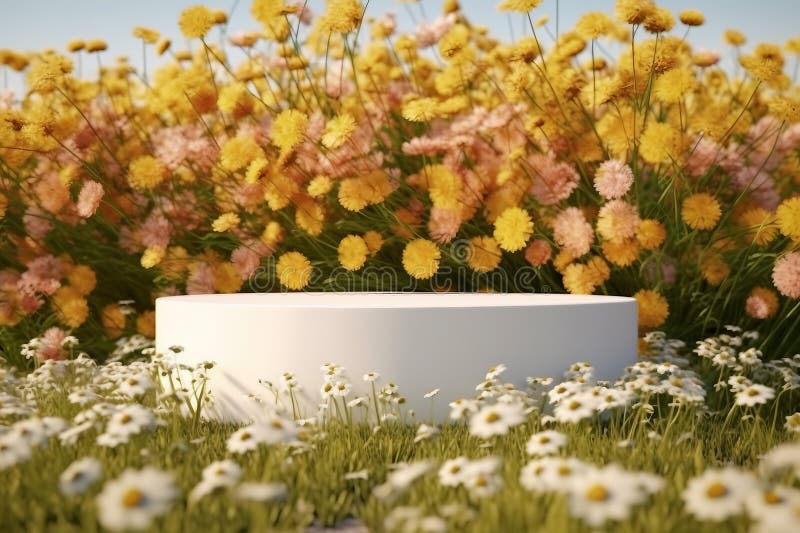 Natural Beauty Podium Backdrop with Spring Flower Field. 3d Rendering ...