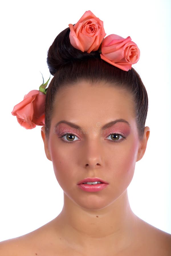 Natural Beauty - Roses and Woman Stock Photo - Image of hair, brown ...