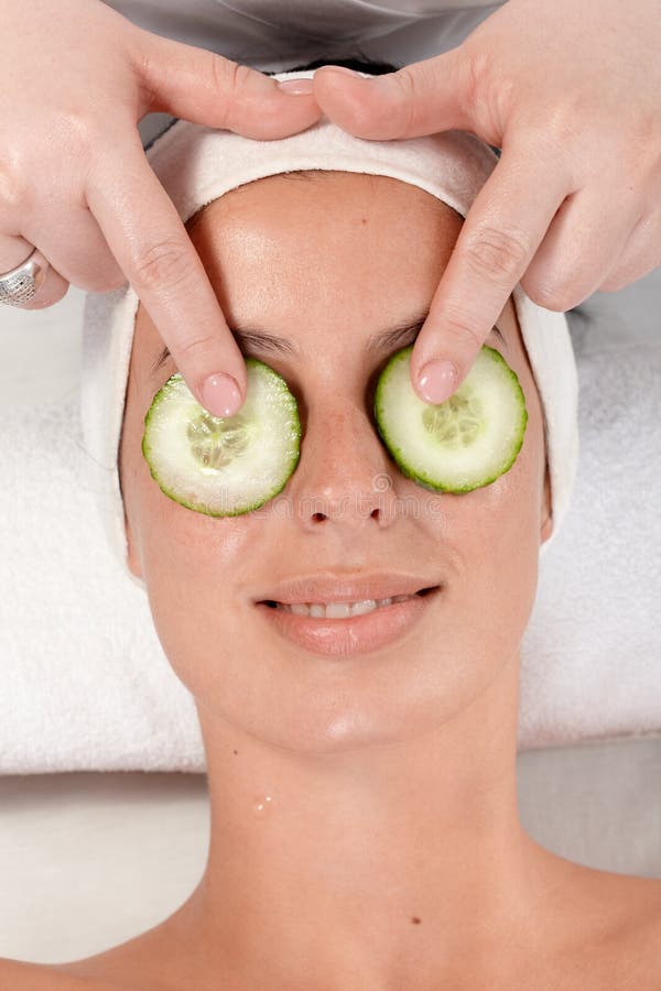 Beautiful Woman with Facial Mask of Cucumber Slices on Face Stock Photo ...