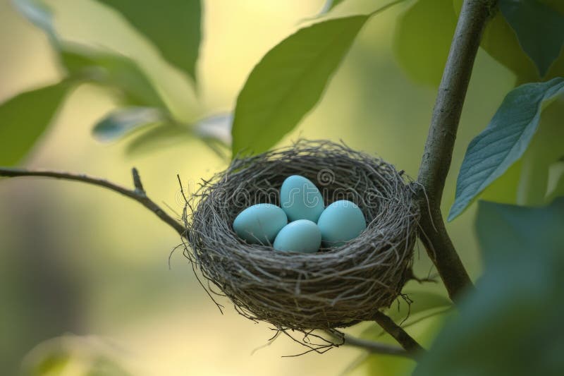 A Natural Bird Nest with Four Bright Blue Eggs Inside Stock Photo ...
