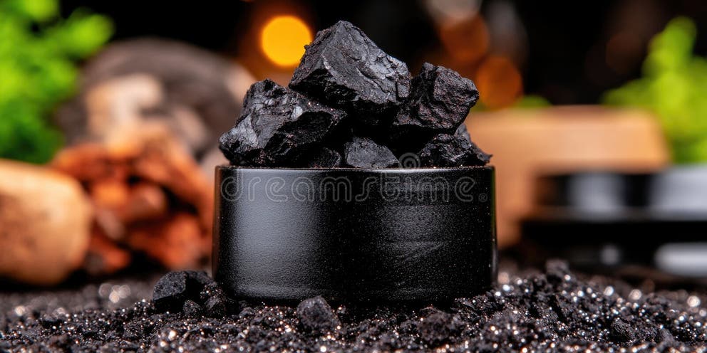Natural Black Coal Chunks in Black Ceramic Bowl on Shiny Surface Stock ...