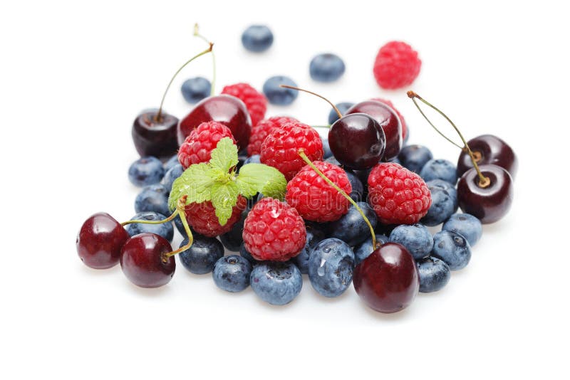 Blueberry, Cherry and Raspberry Berries Isolated on White Background ...