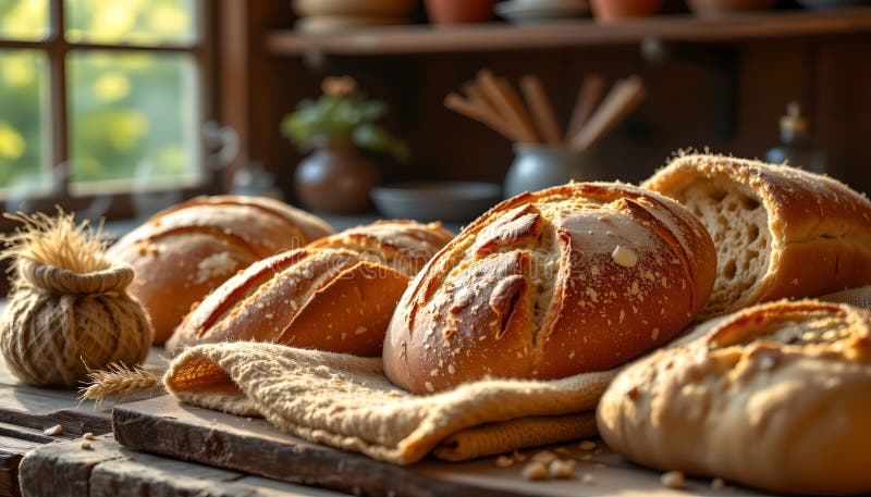 Natural Bread Product on Display with Grain Sacks, Hyper Realistic ...