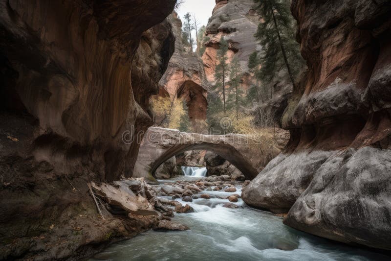 Natural Bridge of Rock and Stone in Canyon, with Rushing Stream Below ...