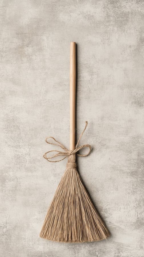 Natural Broom Resting Against a Textured Wall with Delicate Flowers ...
