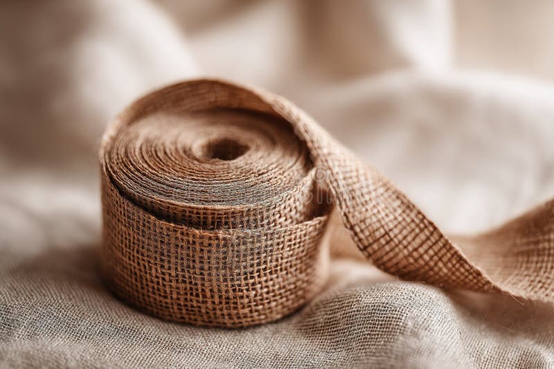 Natural Burlap Ribbon Elegantly Displayed on Soft Fabric Background in ...