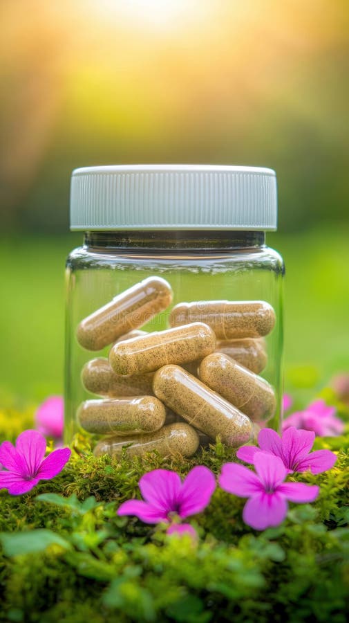 Natural Capsules in Clear Jar Surrounded by Vibrant Flowers and ...