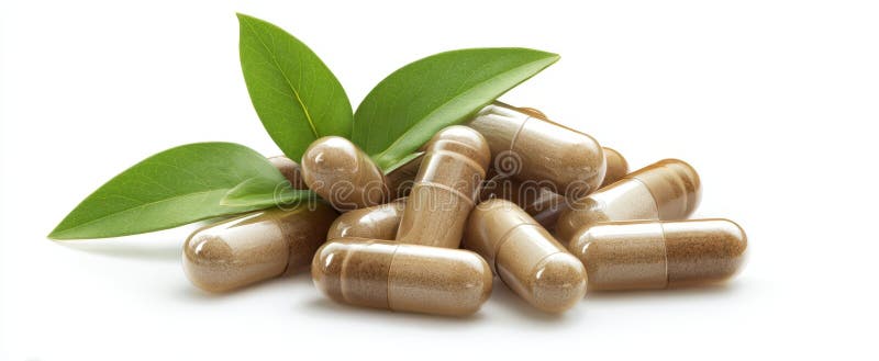 The Natural Capsules Surrounded by Fresh Green Leaves on White ...