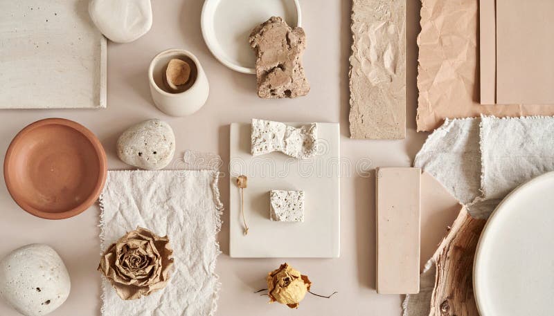 Natural Ceramic Fabric Moodboard with Rough Textures in Beige White and ...