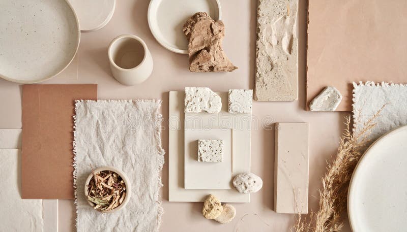 Natural Ceramic Fabric Moodboard with Rough Textures in Beige White and ...