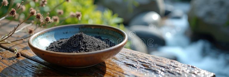 Natural Charcoal Powder in Ceramic Bowl by Flowing Stream and Greenery ...