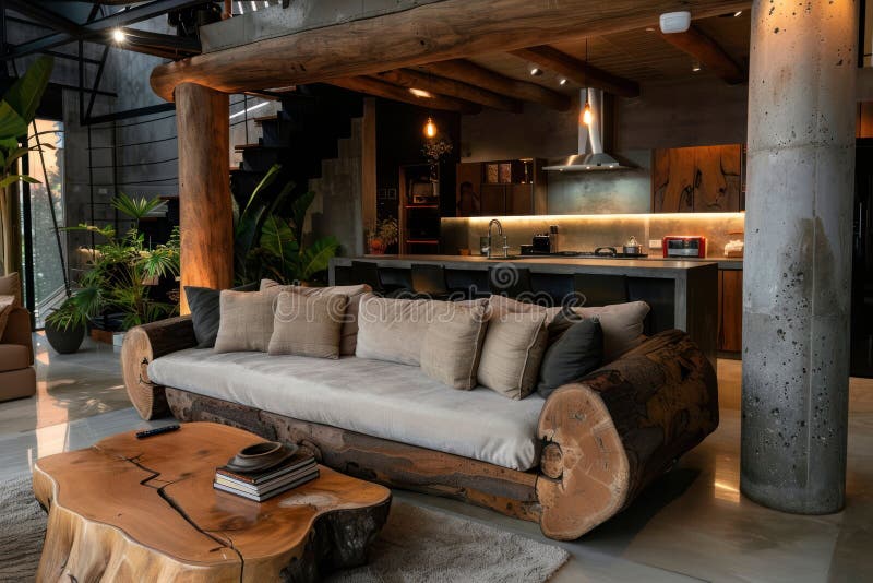 Natural Charm: Rustic Tree Root Sofa and Trunk Column in Modern ...