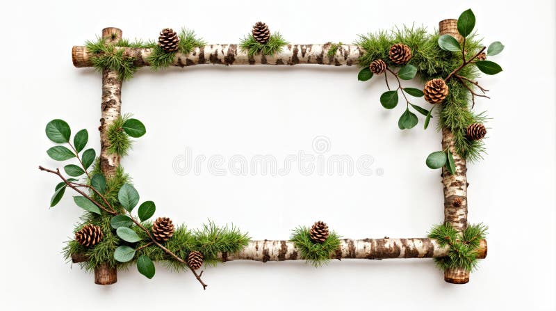 Natural Christmas Birch Frame with Pine Cones, Greenery, and Evergreen ...