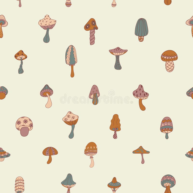 Natural Color Mushrooms Cute Seamless Pattern. Abstract Mushrooms of ...