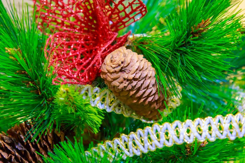 Natural Cone Decorates an Artificial Christmas Tree Close Stock Photo ...