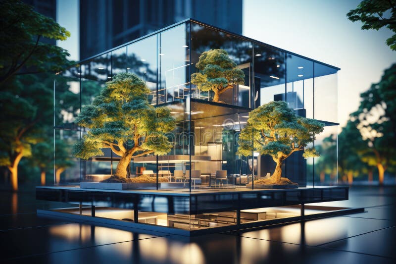 Natural Cooling: Eco Friendly Glass House with Trees Stock Illustration ...
