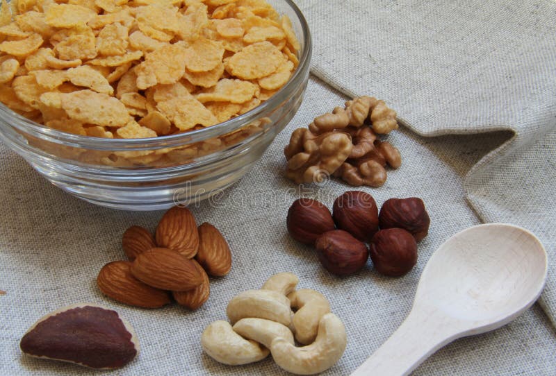 Natural Corn Flakes with Nuts Stock Photo - Image of spoon, diet: 54382498
