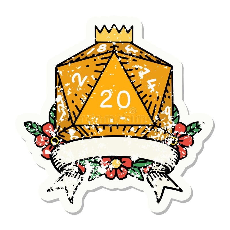 Natural 20 Critical Hit D20 Dice Roll Grunge Sticker Stock Vector ...