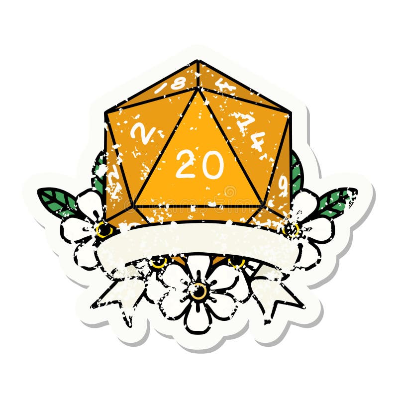 Natural 20 Critical Hit D20 Dice Roll Grunge Sticker Stock Vector ...