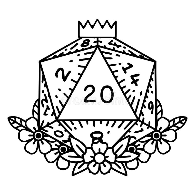 Natural 20 D20 Dice Roll with Floral Elements Illustration Stock Vector ...