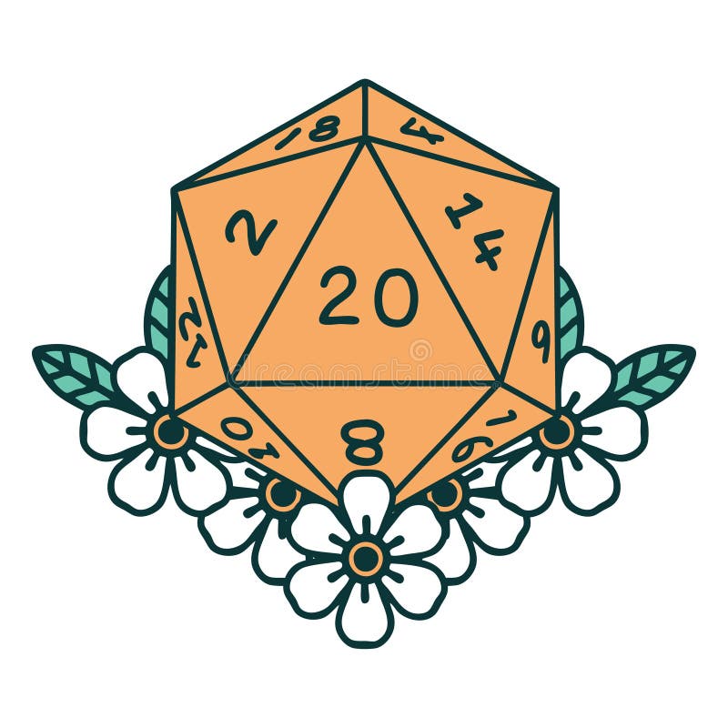 Natural 20 D20 Dice Roll with Floral Elements Illustration Stock Vector ...