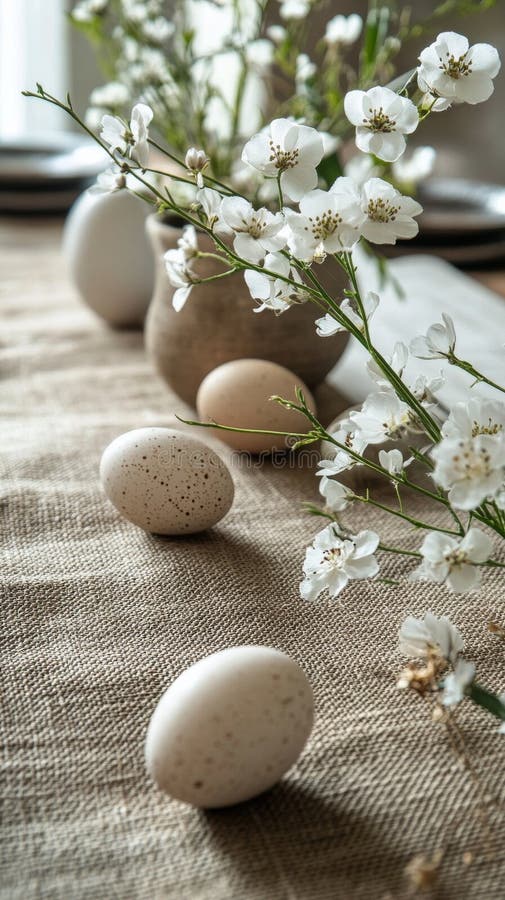 Natural and Decorative Eggs Arranged on a Table with Spring Flowers in ...