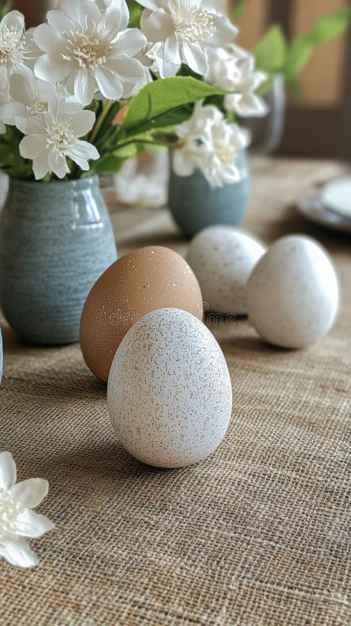 Natural and Decorative Eggs Arranged on a Table with Spring Flowers in ...