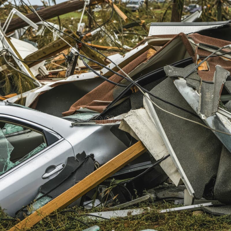 Natural Disaster Aftermath: Car Trapped in Tornado Debris and ...