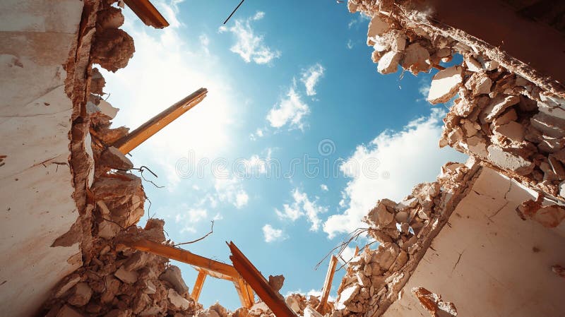 Natural Disaster Aftermath Showcasing Collapsed Structure and Clear Sky ...