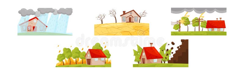 Natural Disaster and Catastrophe with House Damage Vector Set Stock ...