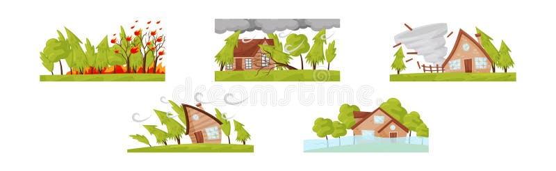 Natural Disaster and Catastrophe with House Damage Vector Set Stock ...