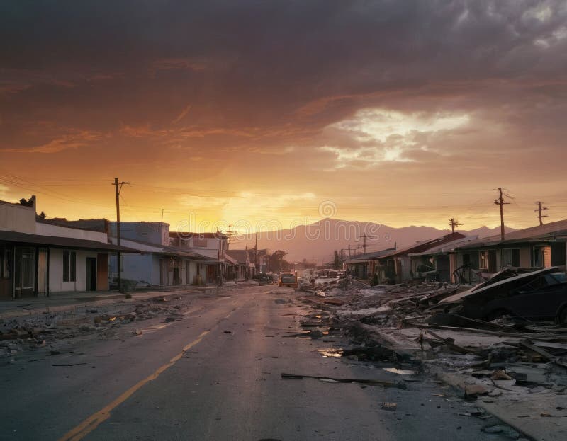 Natural Disaster, Earthquake on Sunset Stock Illustration ...