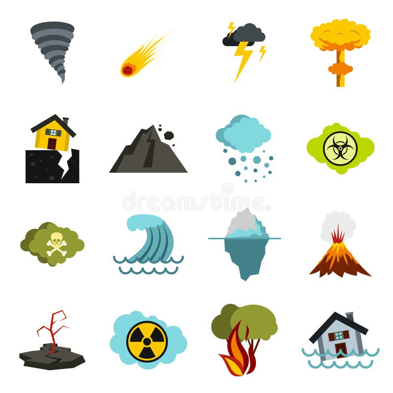 Natural Disaster Icons Set, Flat Ctyle Stock Vector - Illustration of ...