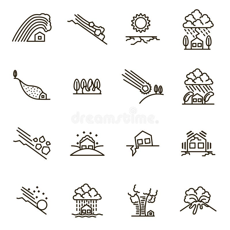 Natural Disaster Signs Black Thin Line Icon Set. Vector Stock Vector ...