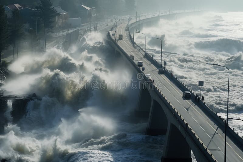Natural Disaster Tsunami Waves Destroy a Road Bridge Stock Illustration ...