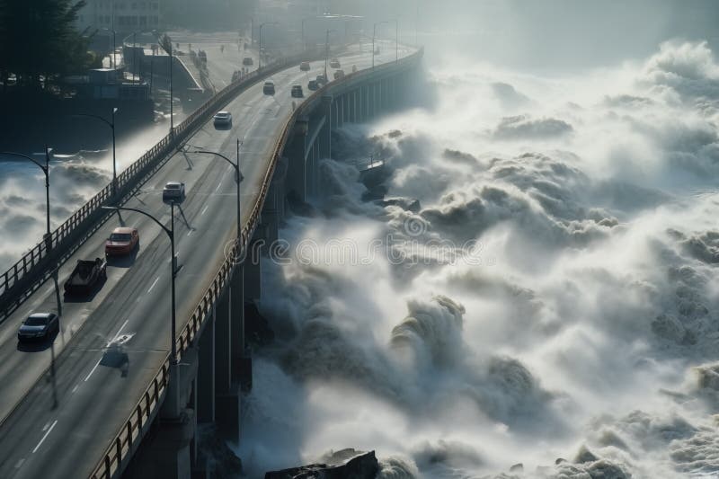 Natural Disaster Tsunami Waves Destroy a Road Bridge Stock Illustration ...