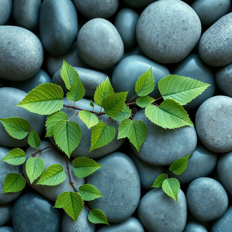 Natural Display of Fresh Leaves and Cool-Toned Stones Stock ...