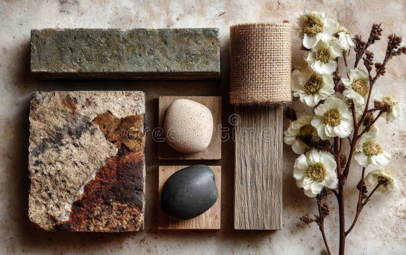 Natural Earth Tone Material Samples with Stones and Flowers Stock ...
